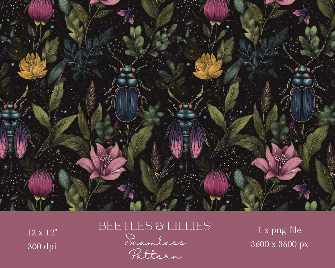 1x Beetles and Lillies Digital Paper Seamless Pattern Scrapbooking ...