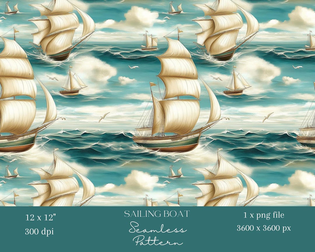 1x Vintage Sailing Boat Digital Paper Ocean Seamless Pattern Repeating ...