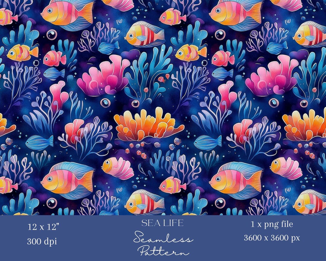 1x Coral Reef Fish Digital Paper Sea Life Fabric Blue Seamless Pattern ...