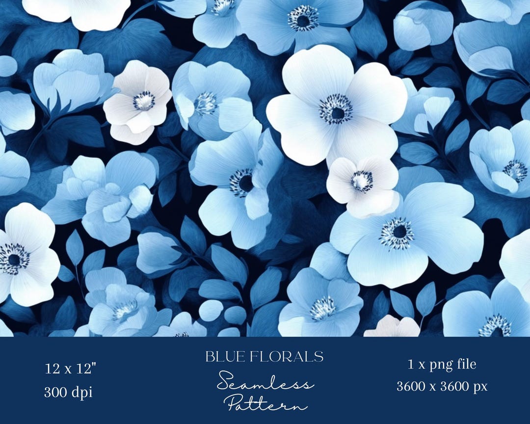 1x Blue Monochrome Flowers Digital Paper Floral Fabric Seamless Pattern ...