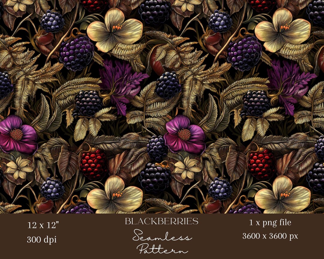 1x Blackberry and Flowers Digital Paper Fruit Fabric Seamless Pattern ...