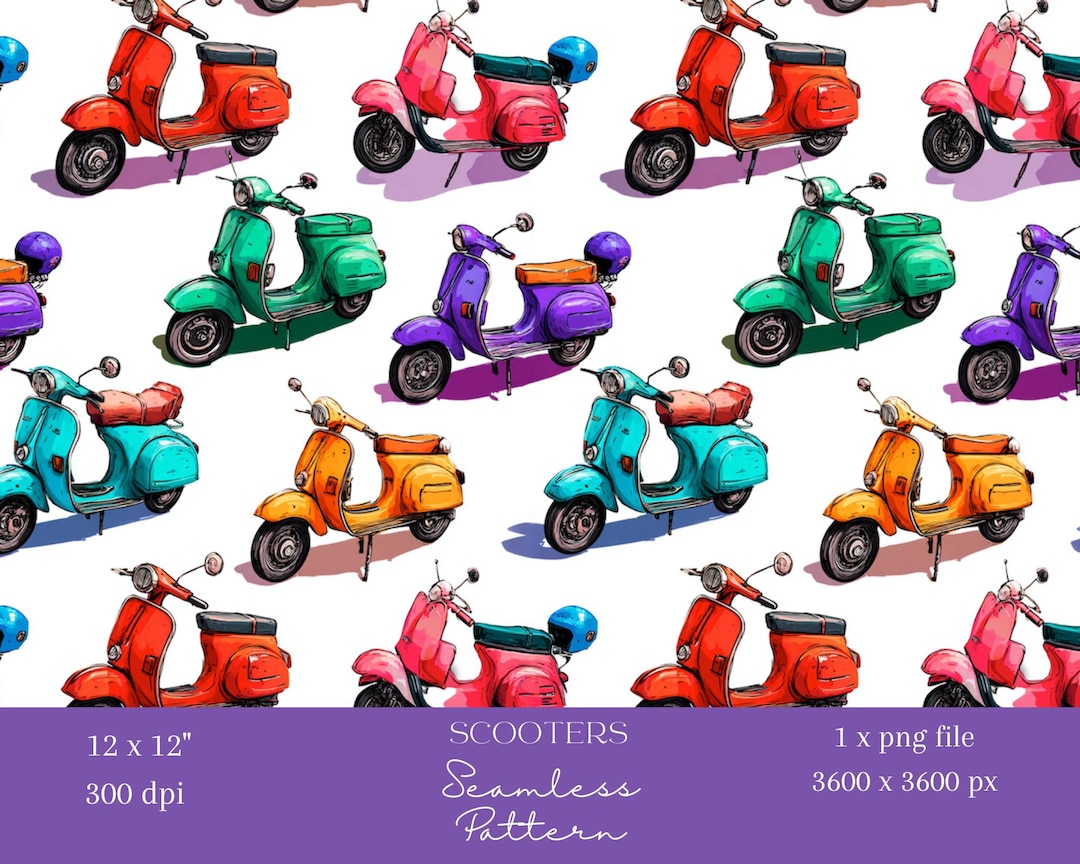 1x Seamless Scooter Digital Pattern Retro Moped Design Fabric ...