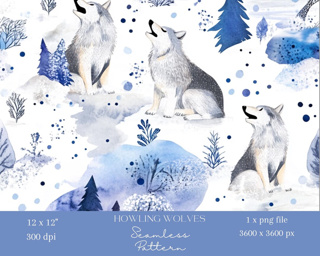 1x Howling Wolves Blue White Seamless Digital Paper Fabric Seamless ...