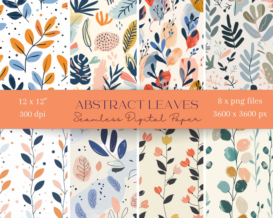 8x Abstract Leaves Digital Paper, Seamless Patttern, Scrapbooking Paper ...