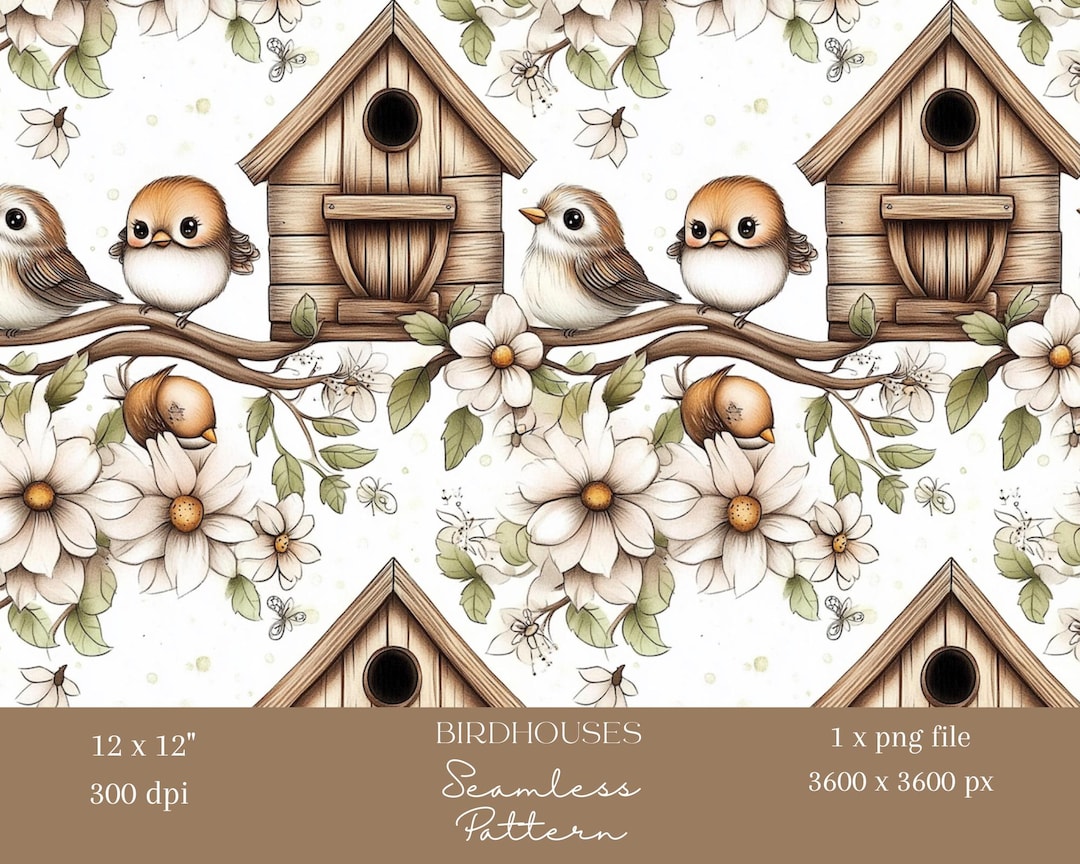 1x Birdhouse and Birds Seamless Pattern Digital Paper Children Fabric ...