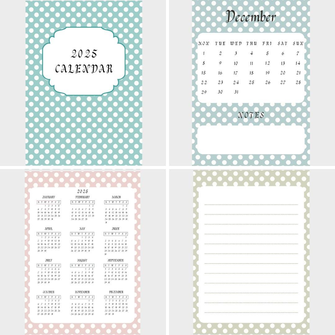 2025 Calendar Printable Monthly Calendar, Pastel Polka Dots, Instant ...