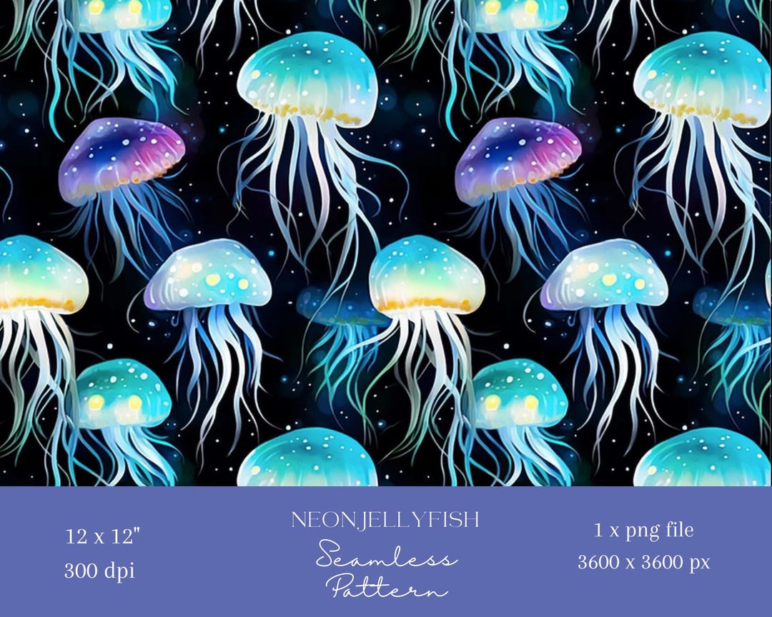 1x Neon Jellyfish Pattern Digital Paper Seamless Pattern for Fabric ...