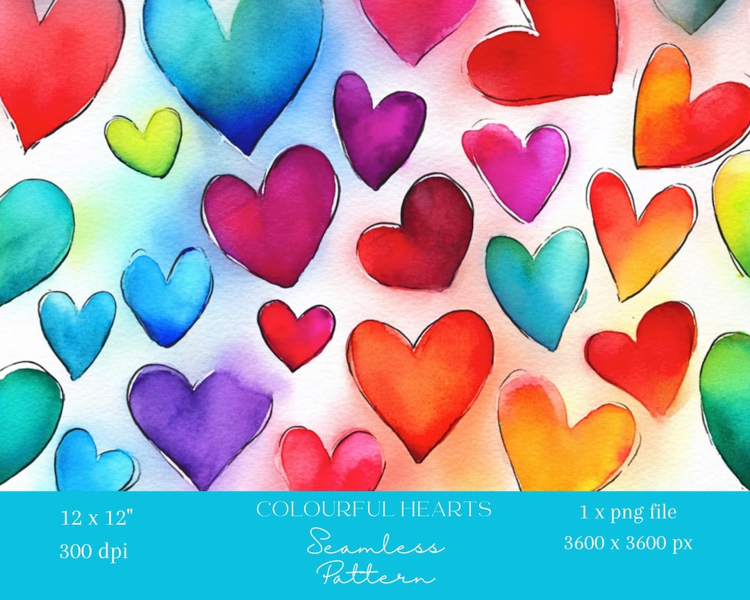 1x Rainbow Heart Seamless Digital Pattern Watercolour Love Pattern ...