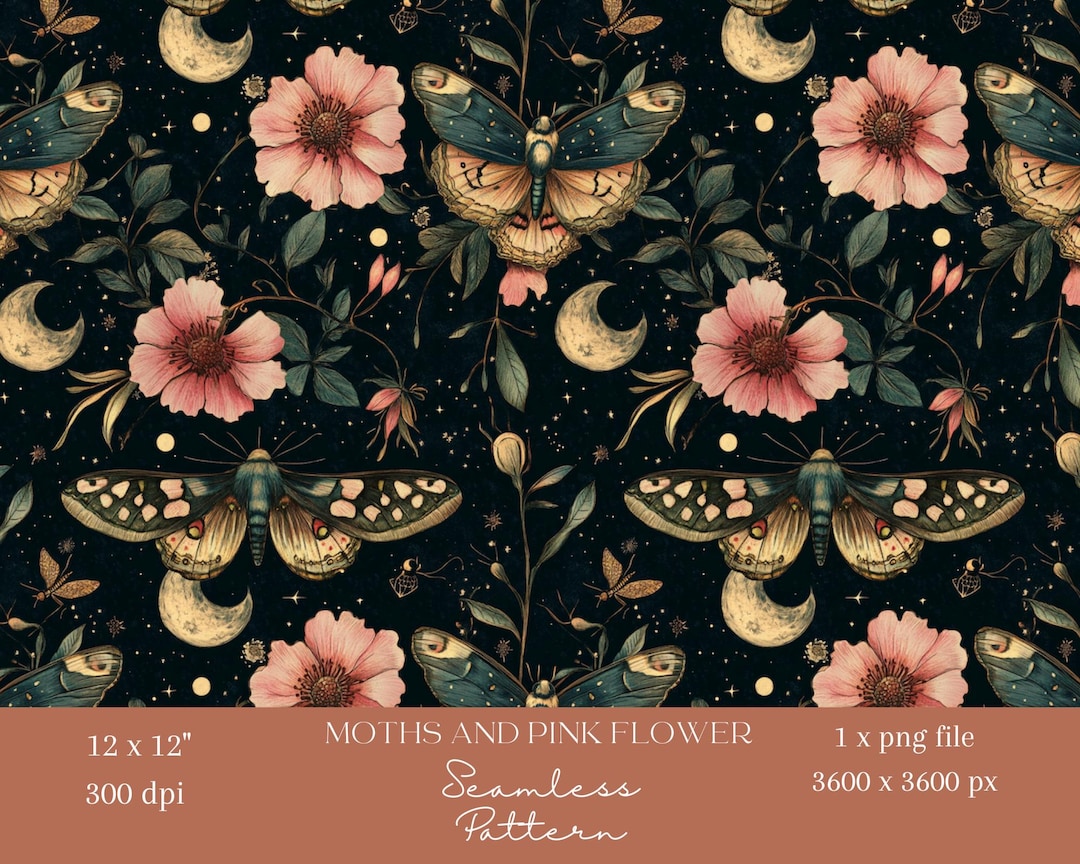 1x Mystical Moth & Moon Seamless Pattern Digital Paper Fabric Insect ...