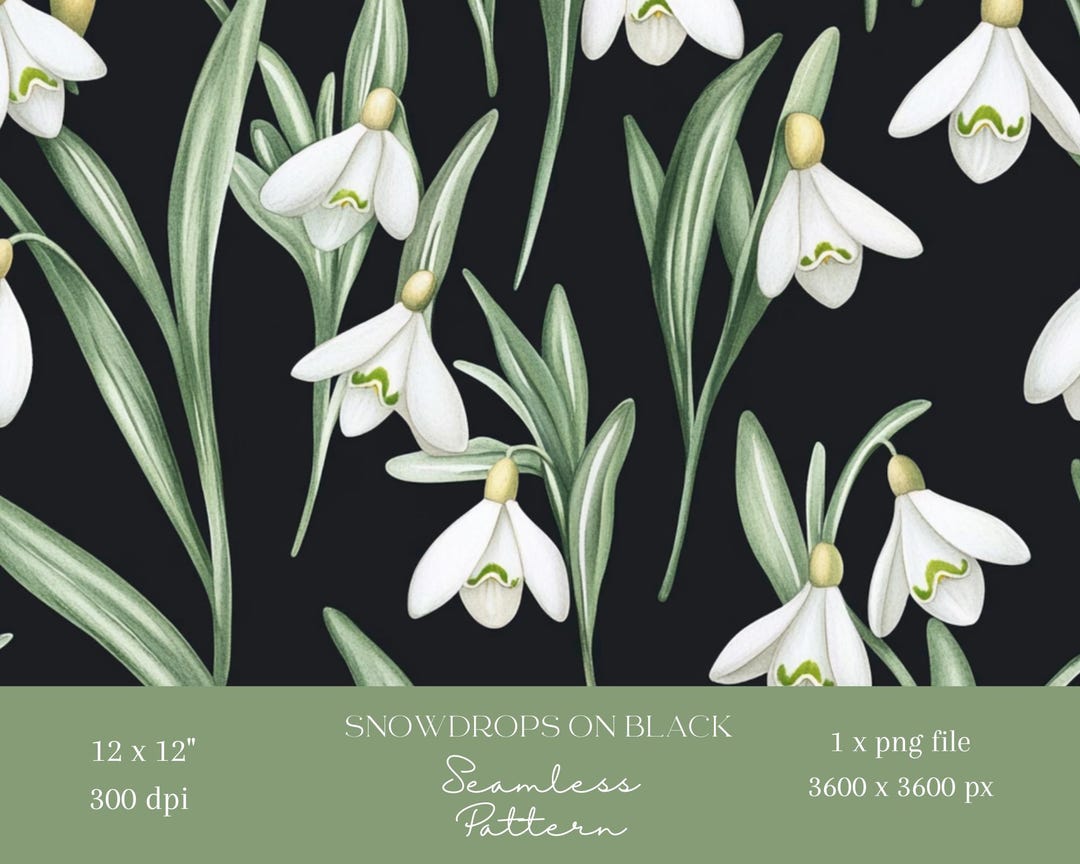 1x Snowdrop Flowers on Black Seamless Pattern Repeating File for Fabric ...