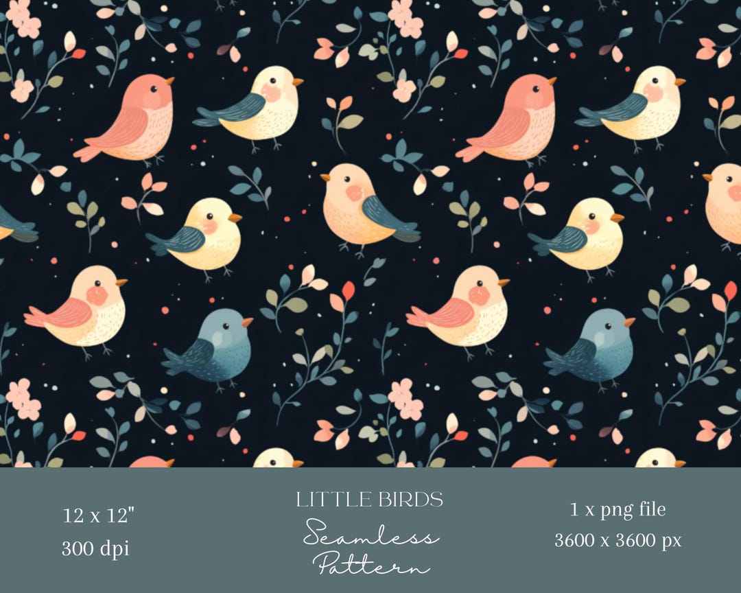 1x Little Birds on Black Digital Paper Fabric Seamless Pattern ...