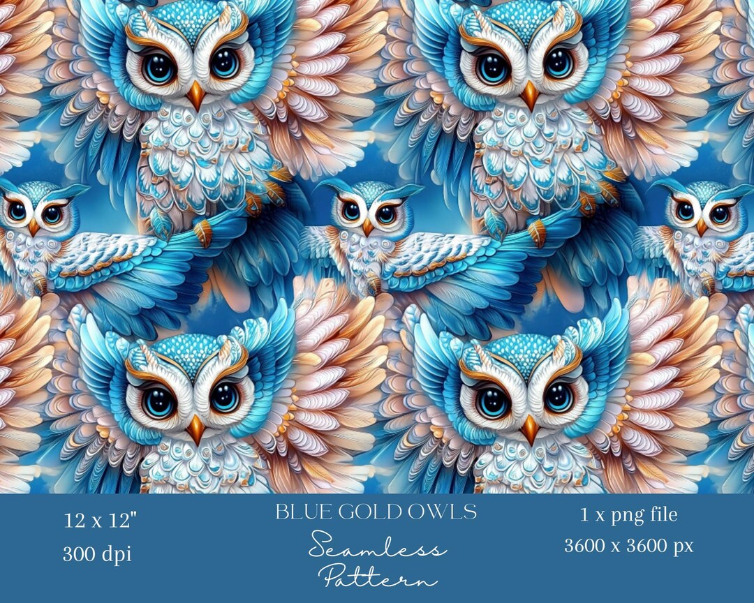 1x Blue Gold Owl Seamless Pattern Night Bird Digital Repeating File ...