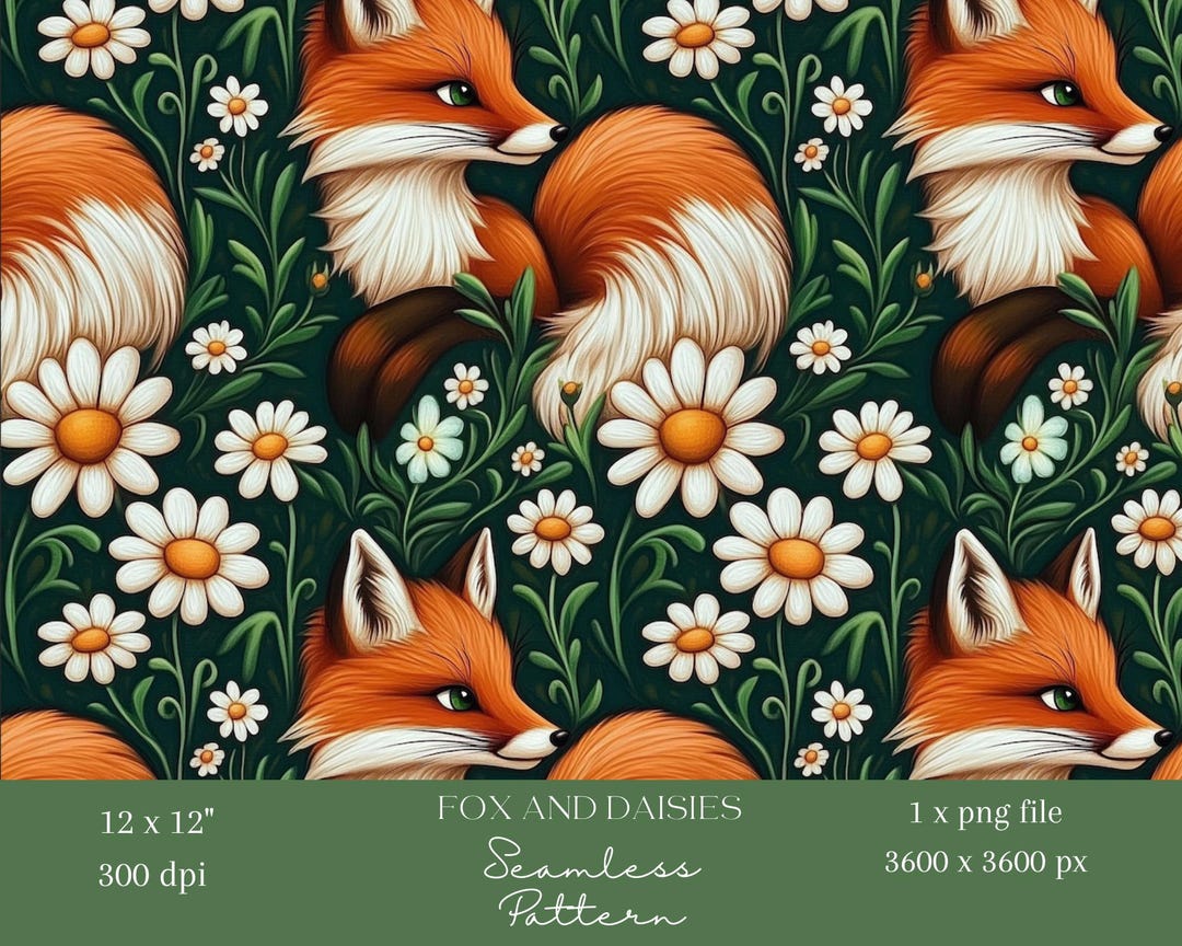 1x Cute Fox in Daisies Digital Paper Animal Fabric Seamless Pattern ...