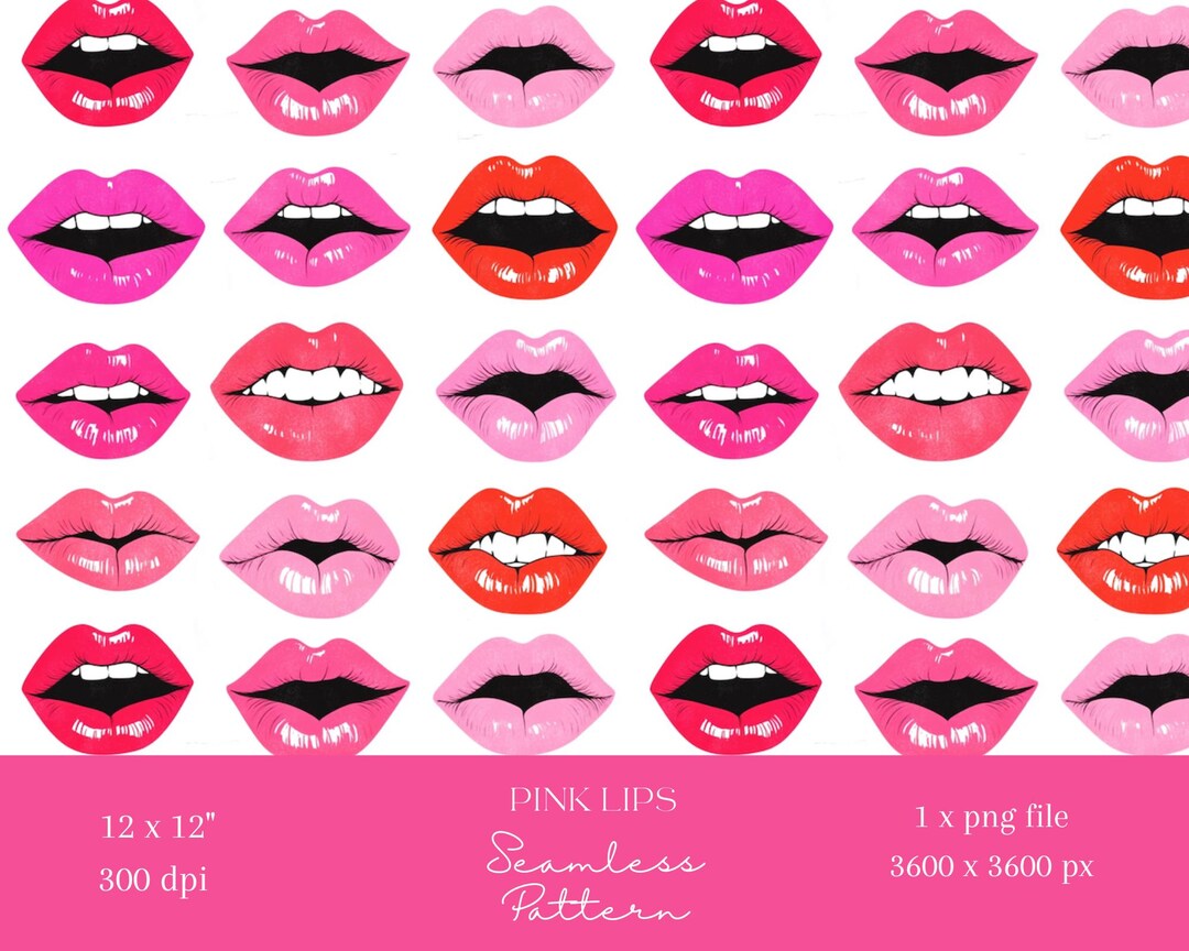 1x Pink Lips Kisses Valentine Digital Paper Floral Fabric Seamless ...