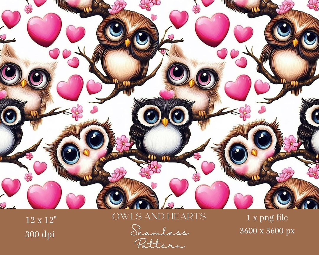 1x Seamless Cute Owl Digital Pattern Brown Owls With Pink Hearts on ...