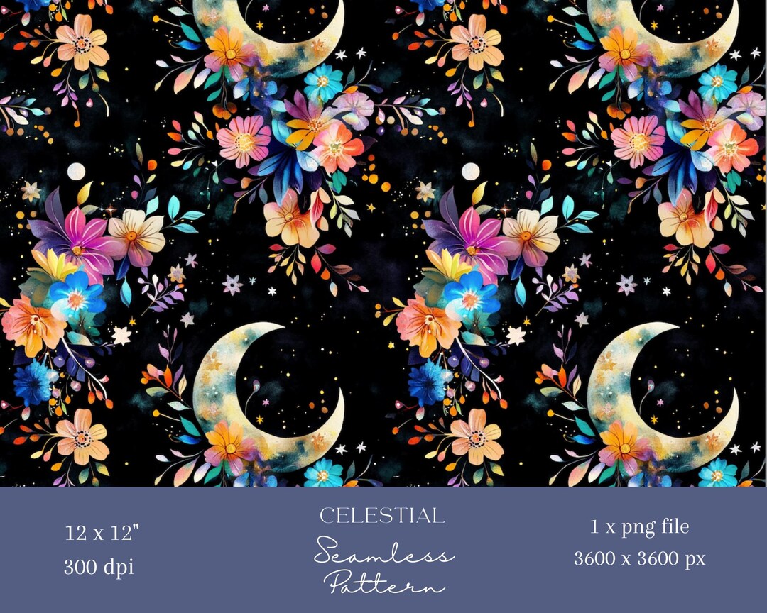 1x Celestial Moon in Flowers Dark Seamless Pattern Repeating File for ...