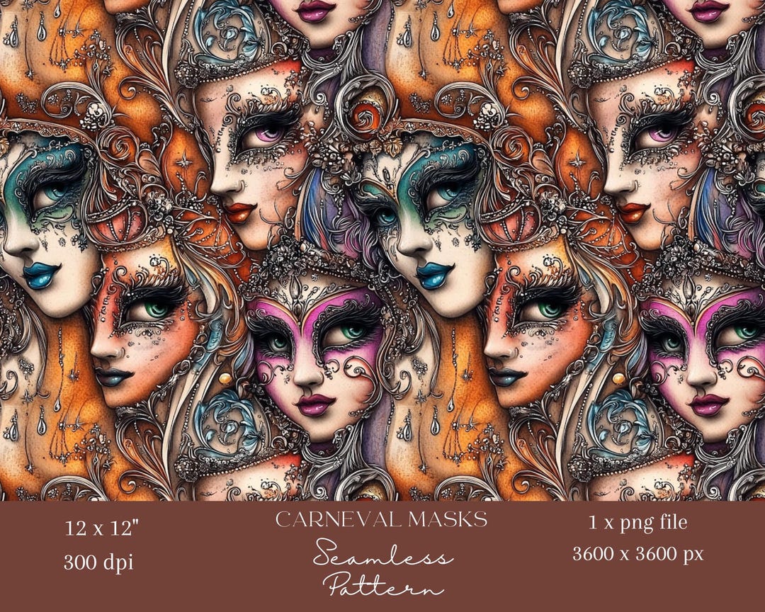 1x Seamless Venetian Masquerade Carnival Mask Digital Paper Seamless Pattern for Fabric or ...