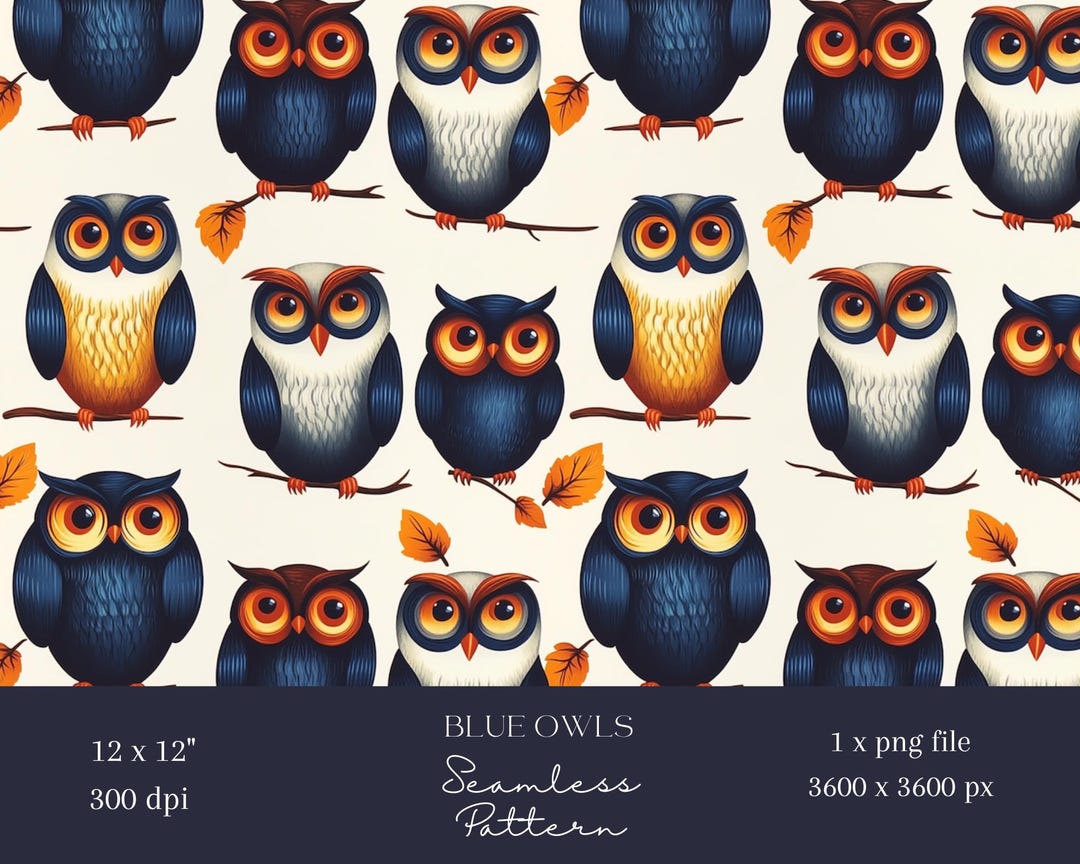1x Yellow Blue Owls Digital Paper Night Birds Fabric Seamless Pattern ...