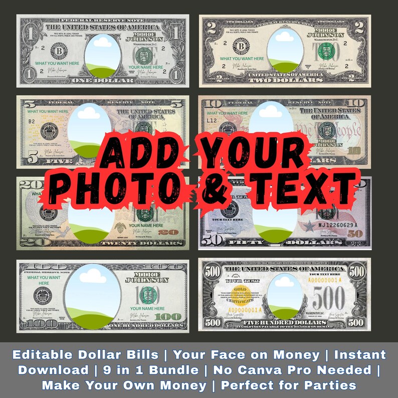 Custom Dollar Bill Template Bundle – 1, 2, 5, 10, 20, 50, 100, 500, 1000 – Editable Face on ...