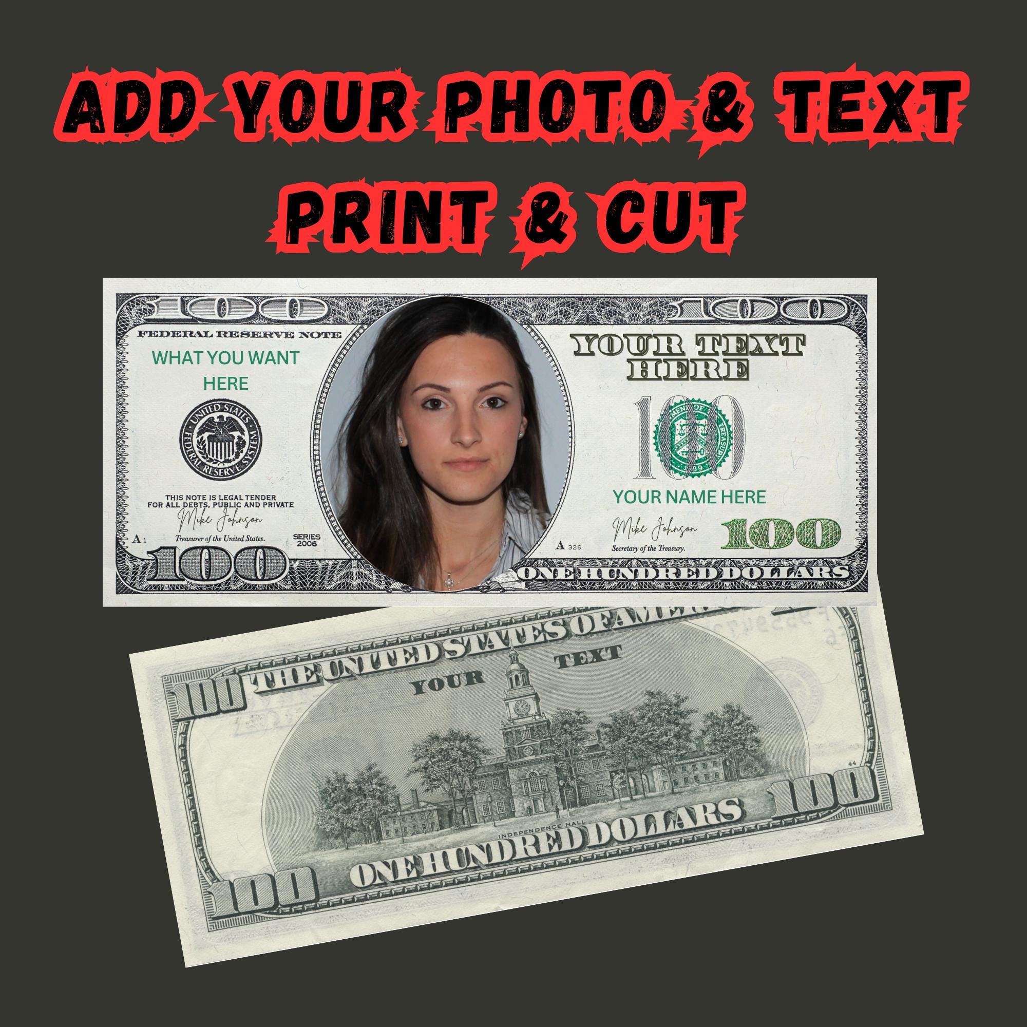 Custom 100 Dollar Bill – Canva Template With Face – Editable Printable Funny Money for Games ...