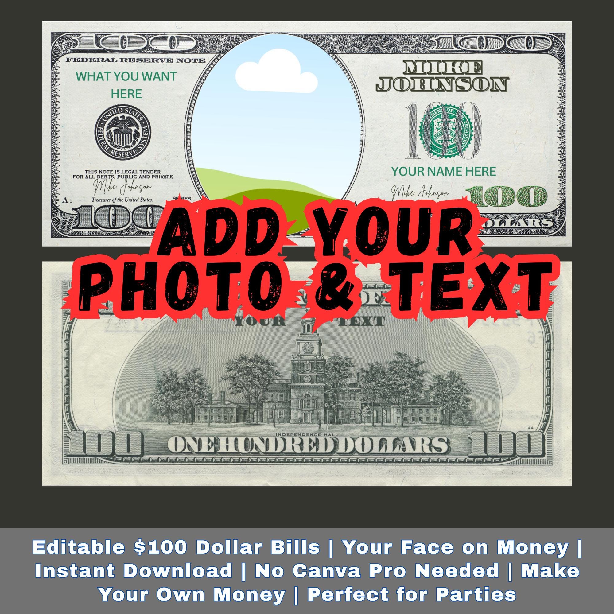Custom 100 Dollar Bill – Canva Template With Face – Editable Printable ...