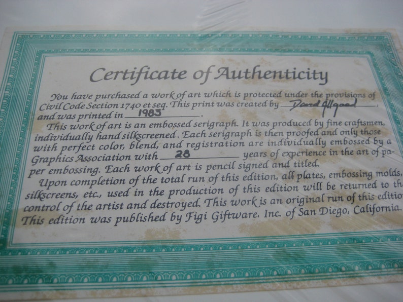 Art Embossed Serigraph Picture DAVID ALLGOOD Coa 1983 Beautiful Iris ...