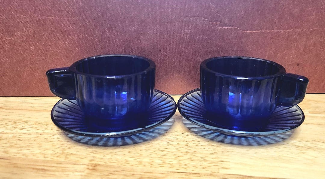 Akron Agate Ribbed Child Tea Cups and Saucers in Cobalt Blue - Etsy