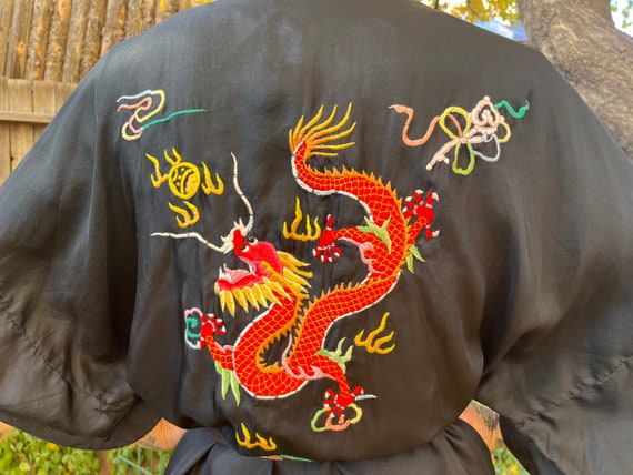 60s Vintage Silk Dragon Robe Black and Red Chinese Dr… - Gem