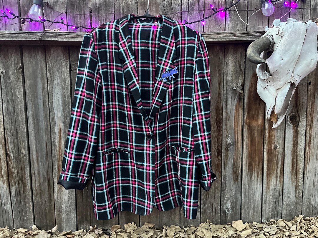 Vintage 80s Plaid New Wave Blazer | Black and Pink Check Jacket M/L - Etsy