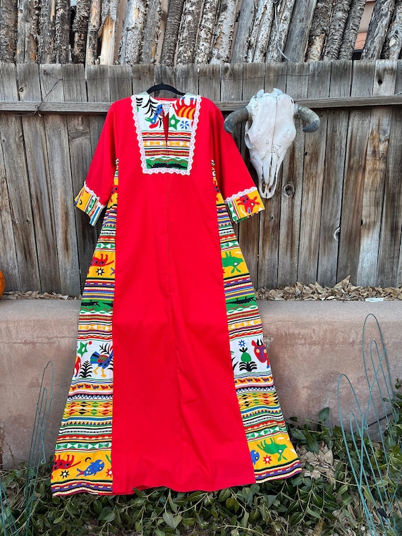70s Vintage Red Folk Art Animal Novelty Print Kaftan … - Gem