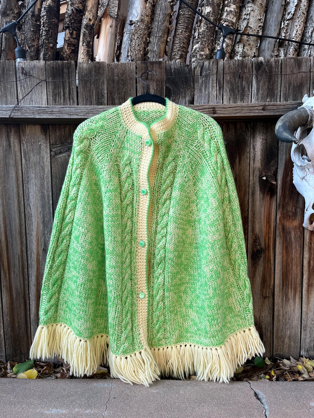 70s Vintage Handknit Grannycore Poncho | Retro Green Boho Shawl ...