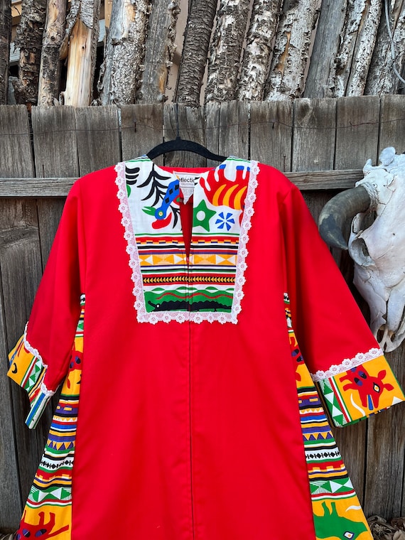 70s Vintage Red Folk Art Animal Novelty Print Kaftan … - Gem