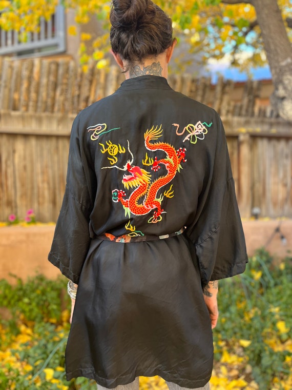 60s Vintage Silk Dragon Robe Black and Red Chinese Dr… - Gem