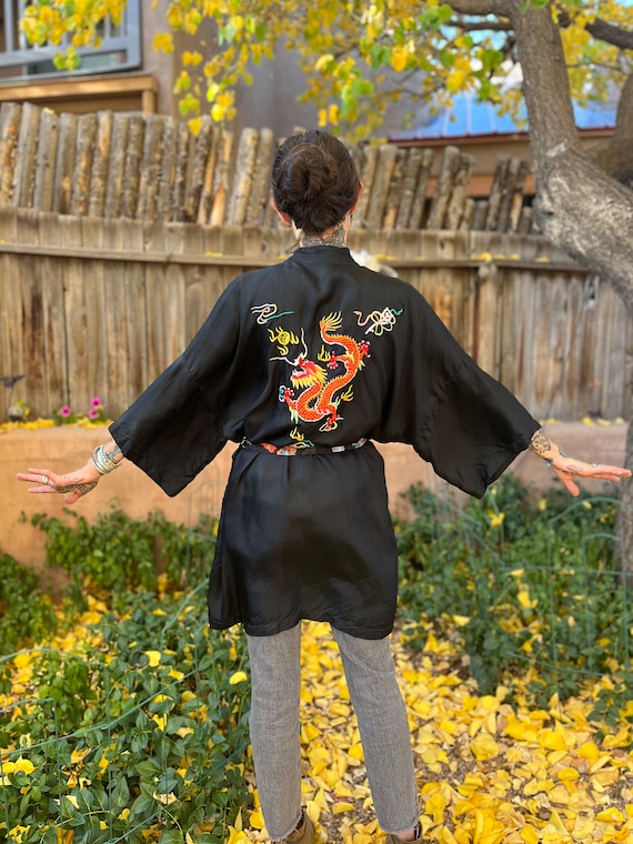 60s Vintage Silk Dragon Robe Black and Red Chinese Dr… - Gem