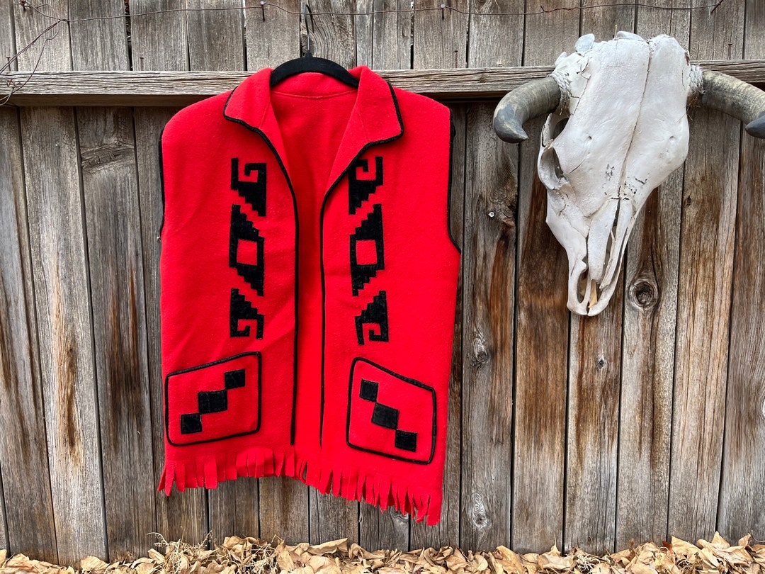 70s Vintage Red Fringed Vest With Southwestern Motifs M/L - Etsy
