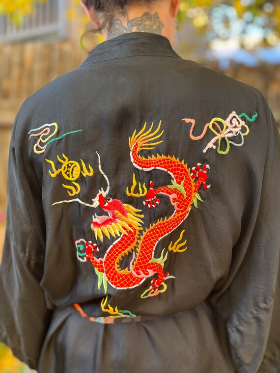60s Vintage Silk Dragon Robe Black and Red Chinese Dr… - Gem