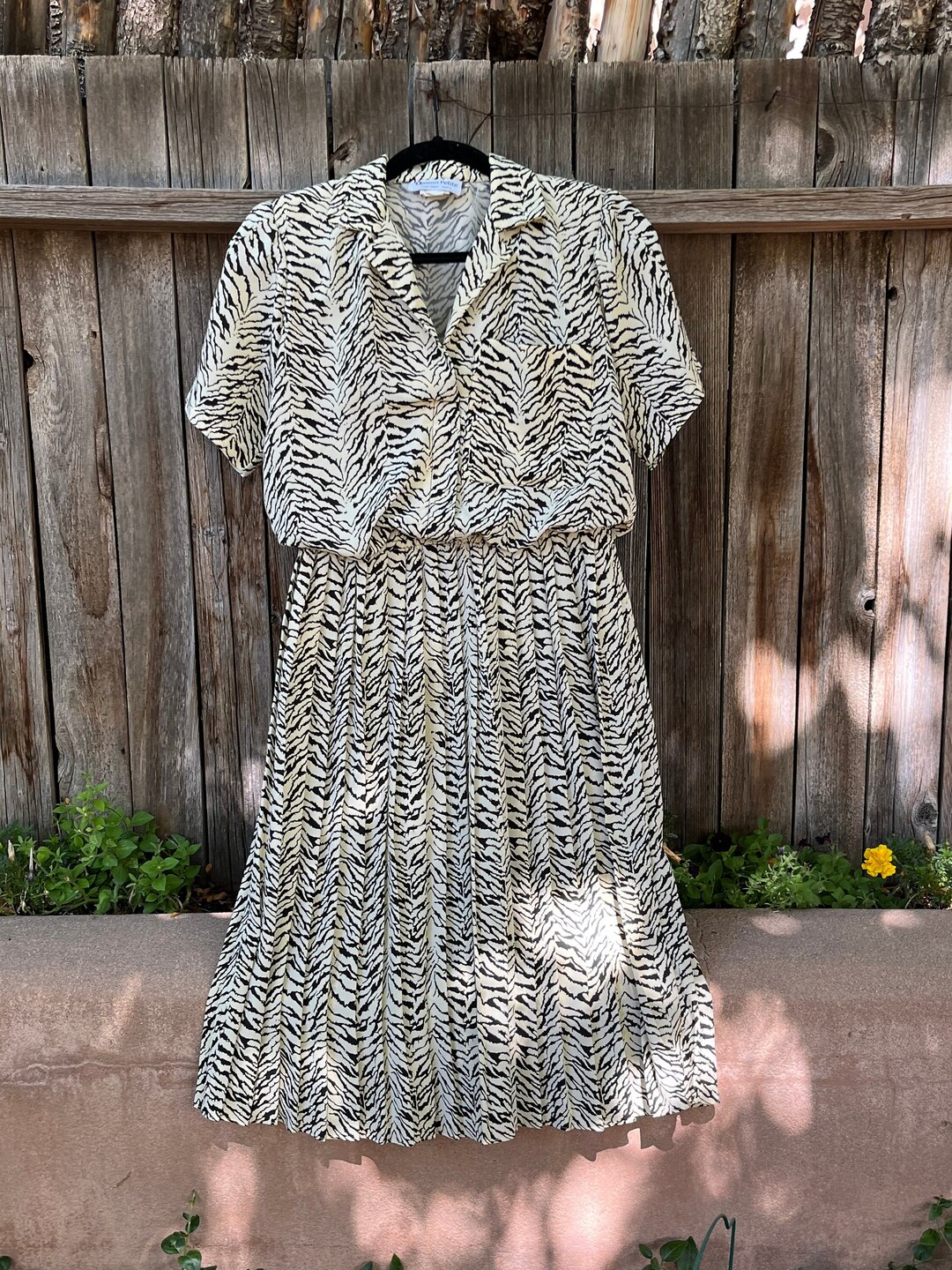 Vintage 1980s Zebra Print Secretary Dress, Yellow & Black Pleated Day ...