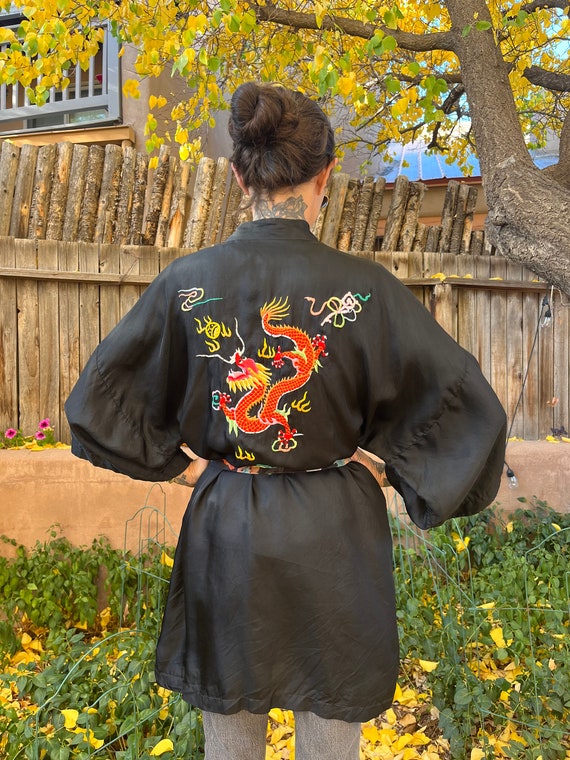 60s Vintage Silk Dragon Robe Black and Red Chinese Dr… - Gem