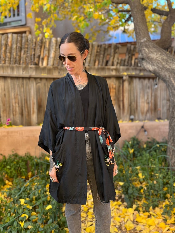 60s Vintage Silk Dragon Robe Black and Red Chinese Dr… - Gem