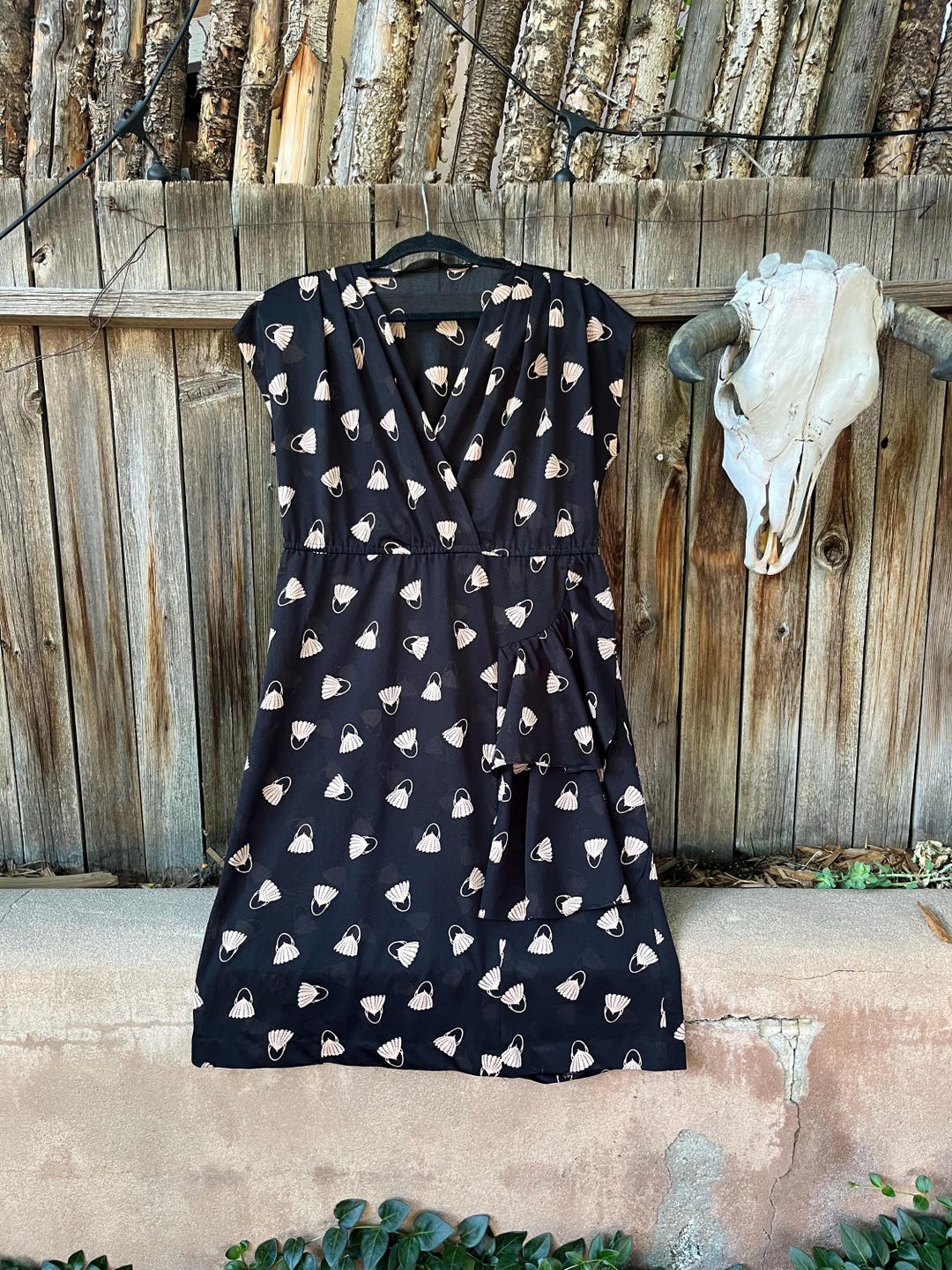 70s Vintage Black Secretary Dress | Sheer Novelty Purse Print 1940s ...