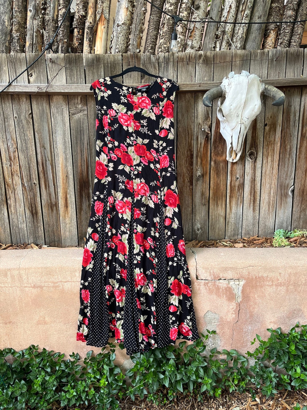90s Vintage Roses and Polka Dots Midi Dress Boho Style by American ...