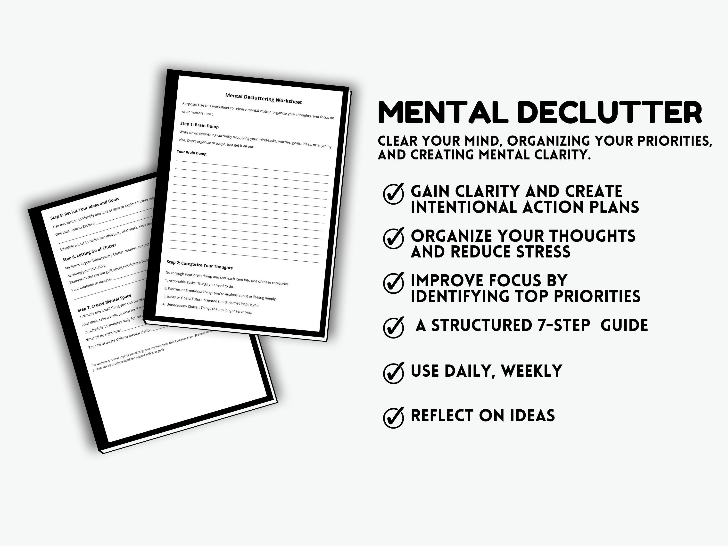 Printable Mental Decluttering Worksheet | Self-care Tool for Organizing ...