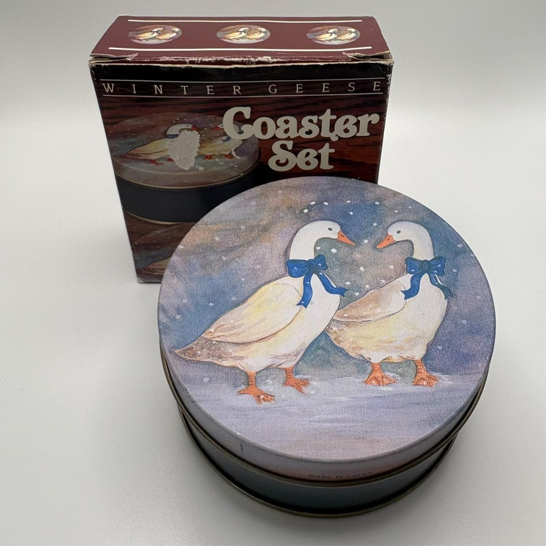 Vtg Country Blue Ribbon Winter Geese Goose Cork Coaster Set Tin ...