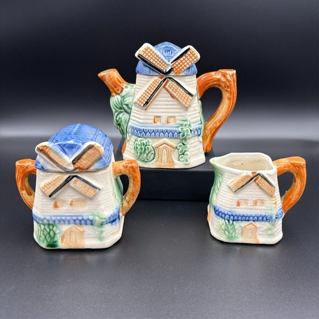 Vtg Cottage Ware Windmill Tea Set Hand Painted Ceramic Teapot Sugar ...