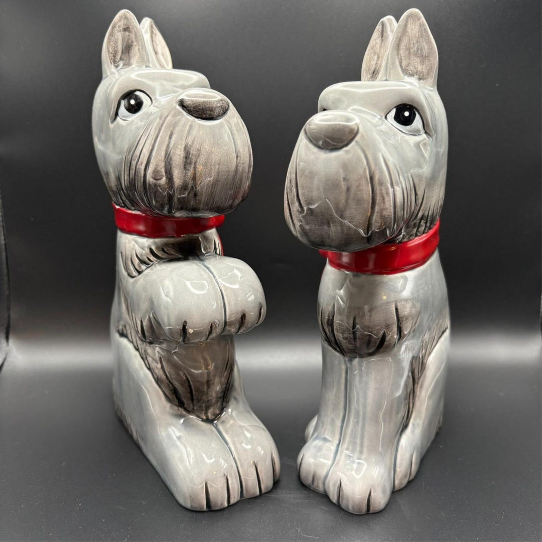 Vtg Set (2) 1989 Gray Scottie Dog Red Bow Strata Group Ceramic Terrier ...