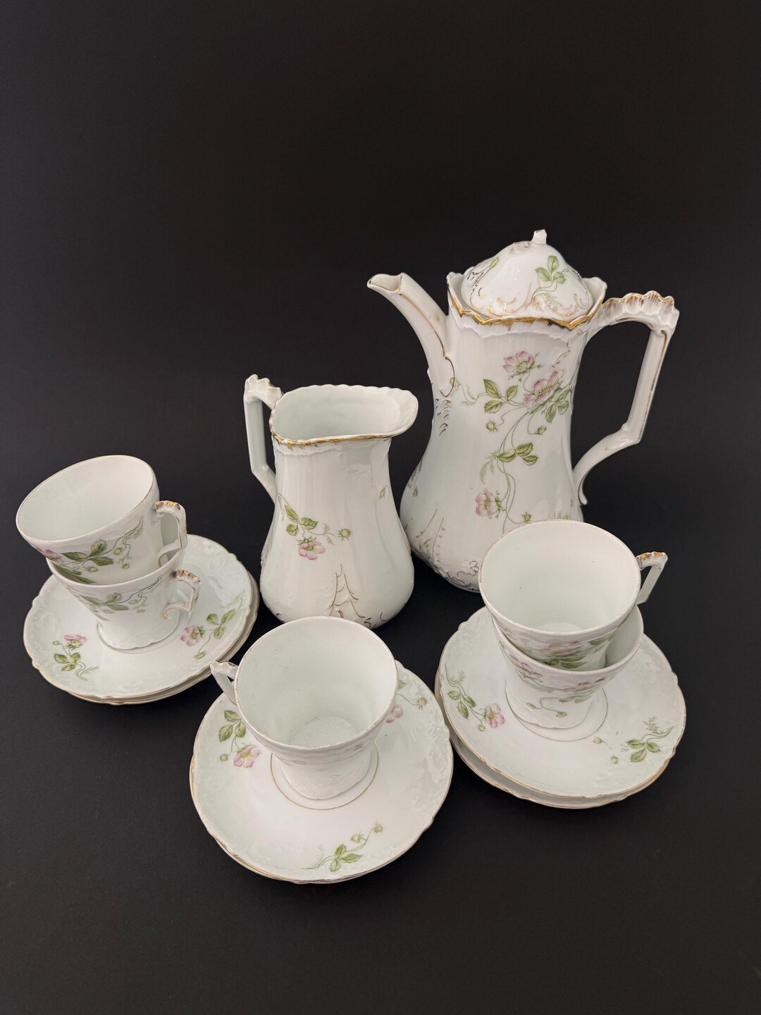 Antique German Mocha Coffee Set | Hand-painted Floral Porcelain | 19th ...