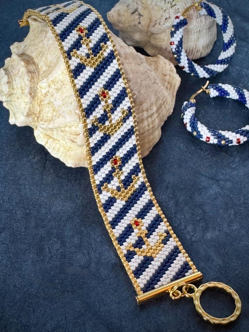 Nautical Bracelet With Gold Anchors, Navy Blue and White Beads, Unique ...