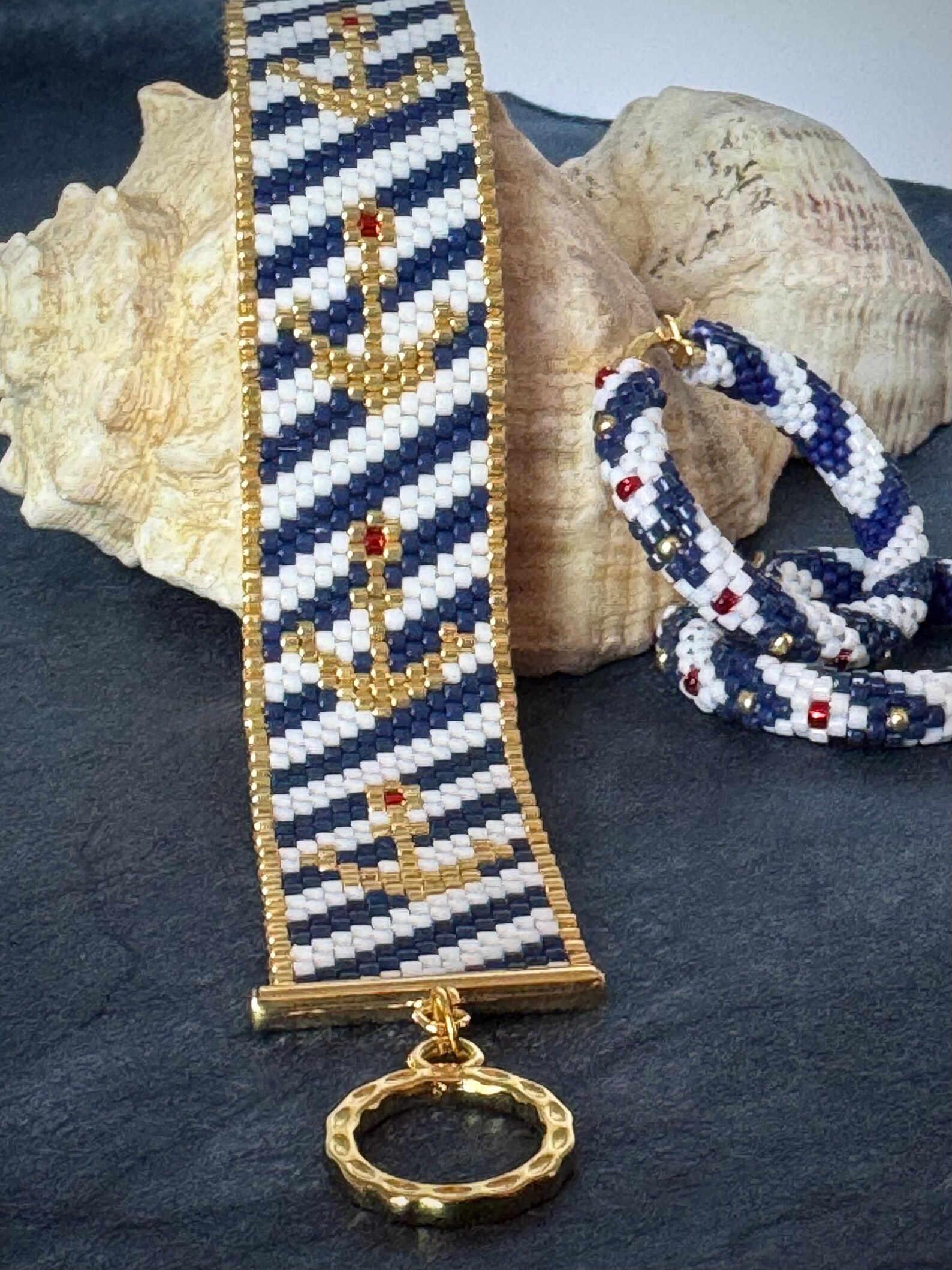 Nautical Bracelet With Gold Anchors, Navy Blue and White Beads, Unique ...