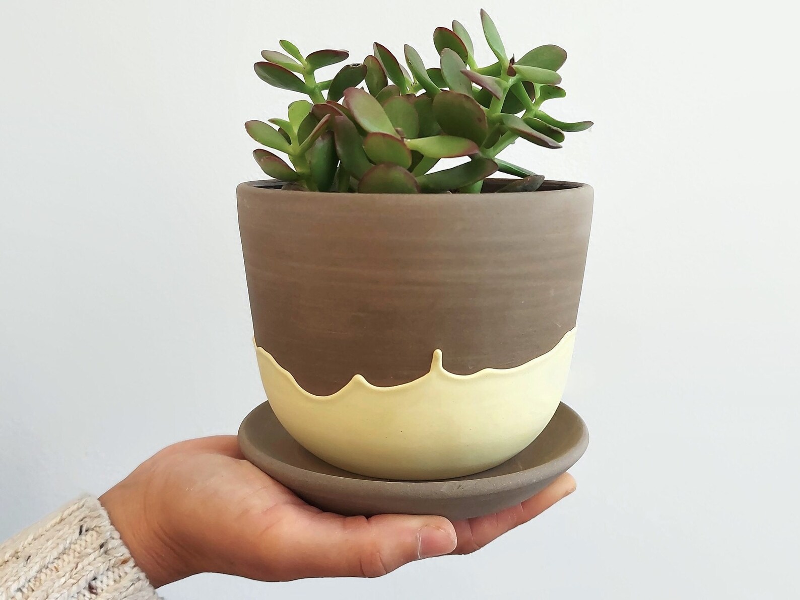 Stoneware Planter With Yellow Drips Ceramic Plant Pot | Etsy