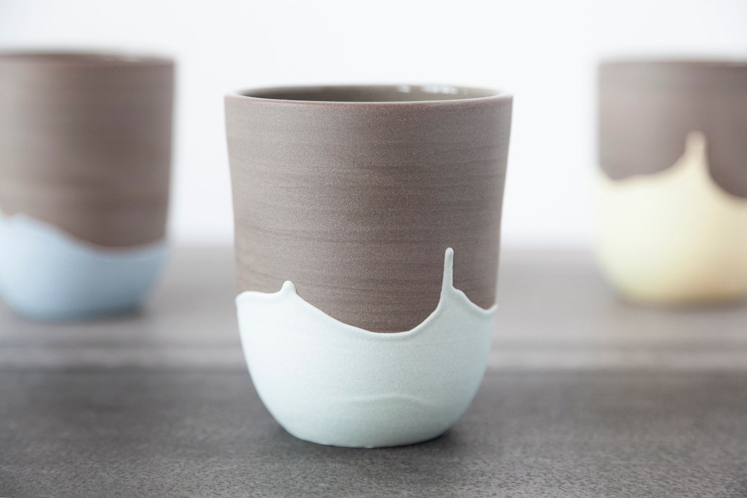 Large Handleless Mug With Teal Drips Stoneware Mug - Etsy